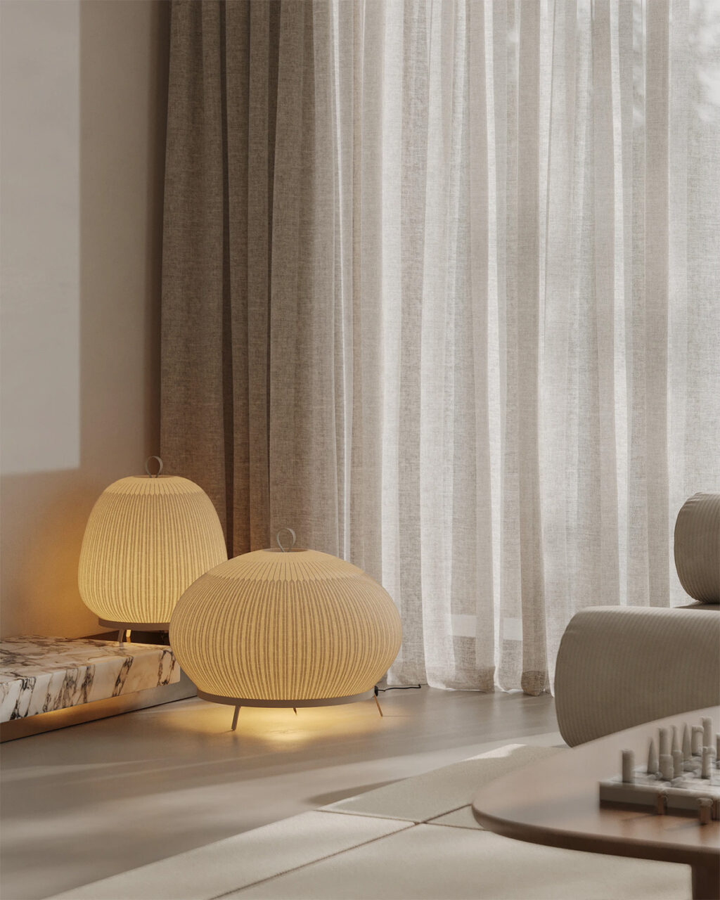 Peaceful Living Space with Warm Floor Lamps and Neutral Hues